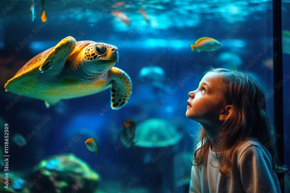 Child looks at sea turtle in large blue aquarium, little girl watches ...