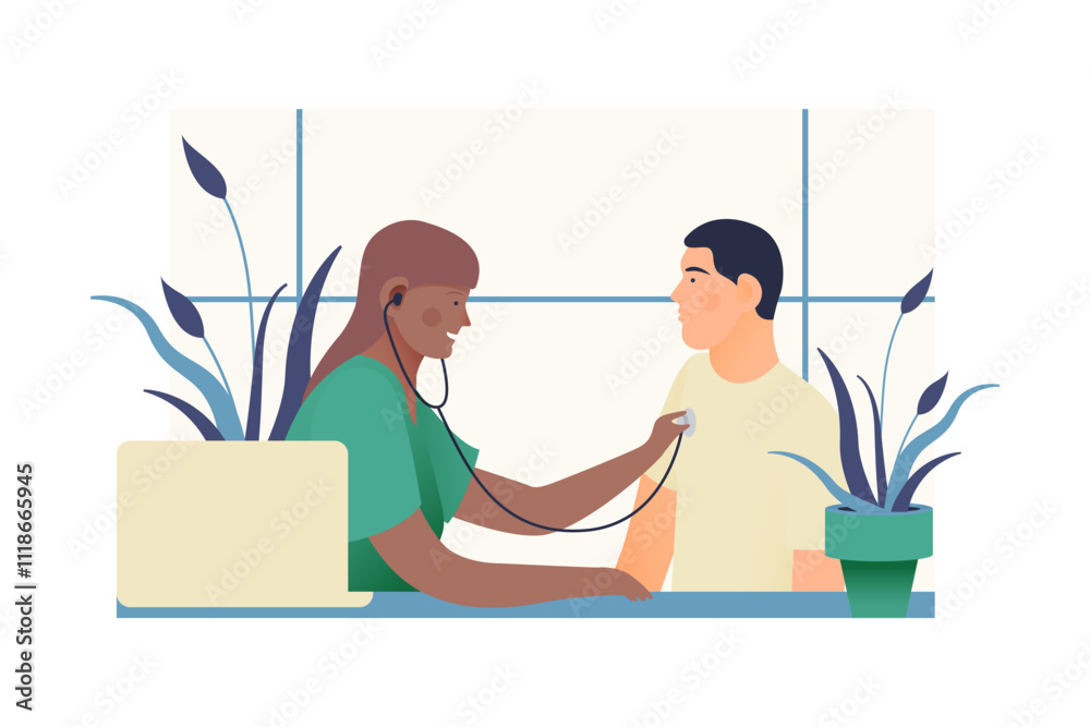 Auscultation. Male Patient and Female Doctor Carrying Out Procedure in ...