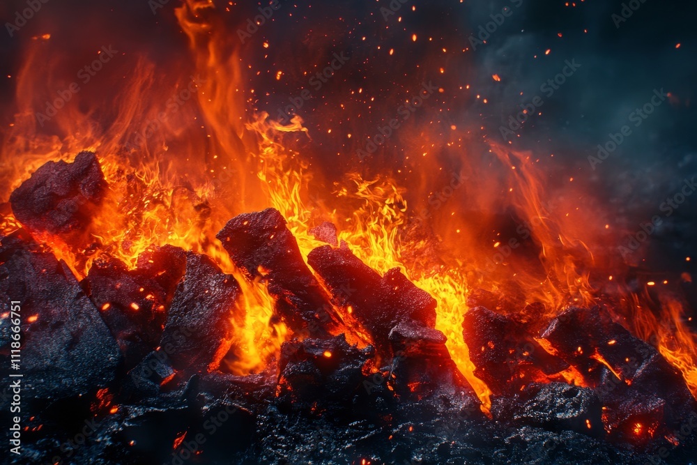 Molten lava rocks are burning during a volcanic eruption, emitting ...