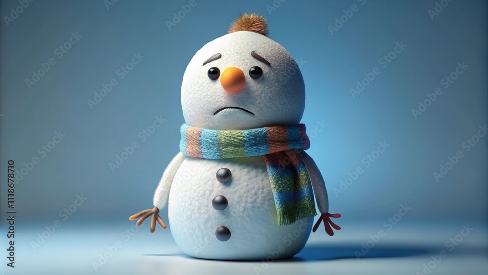 melting very sad expression snowman with a sagging scarf and half ...