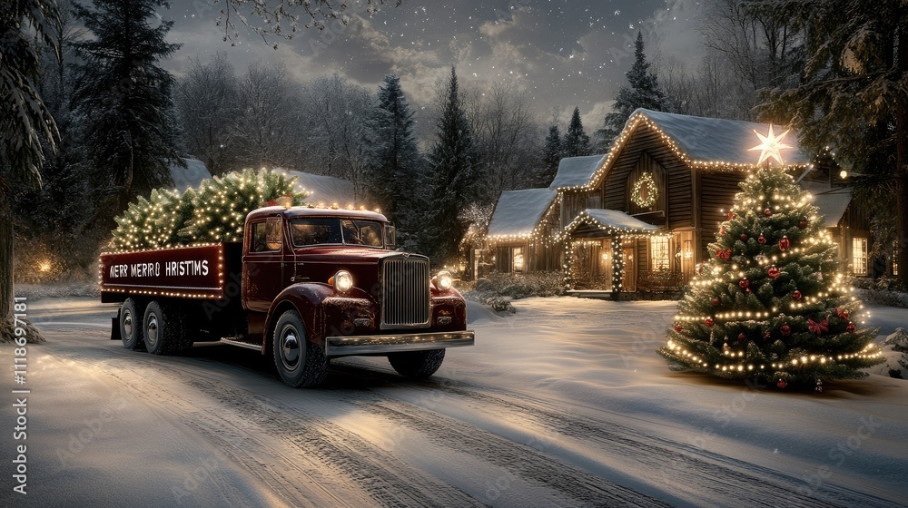 A vintage red truck is parked in a snowy town square, illuminated by ...
