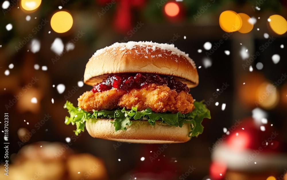 Holiday Chicken Burger A crispy chicken burger flying mid-air with ...