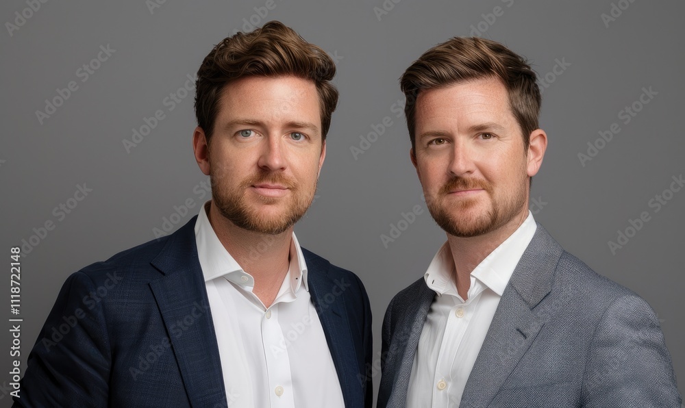 Two identical twin men pose in professional attire against a neutral ...