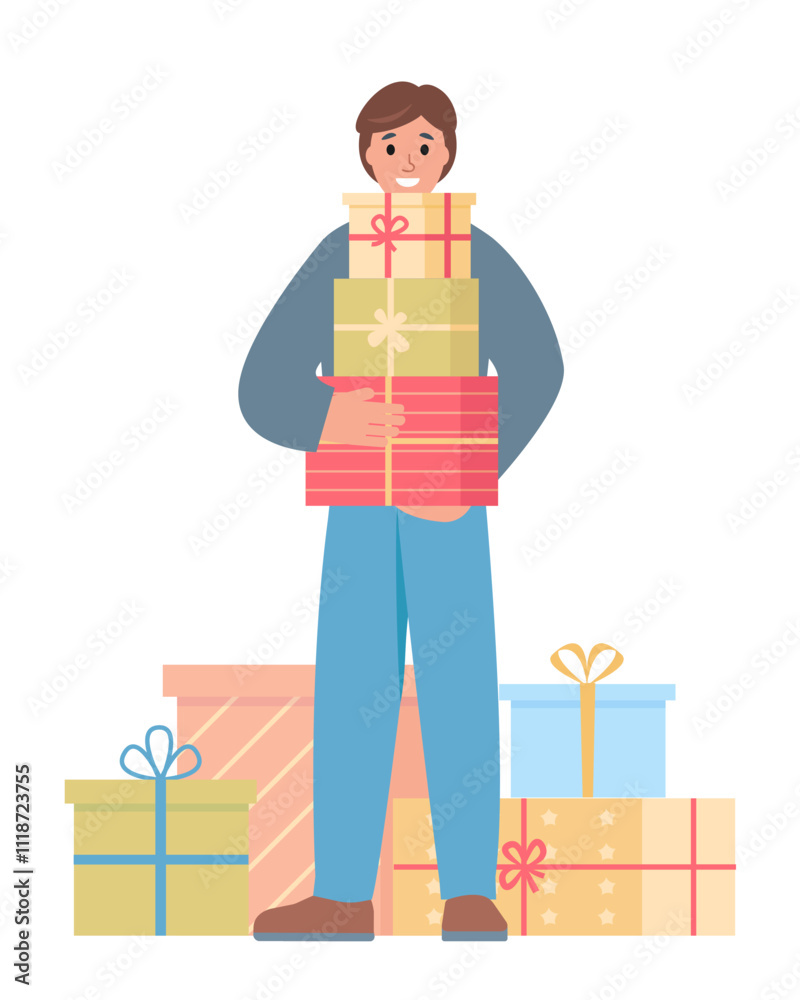 Happy man with gift boxes. Male character and gift boxes with presents ...