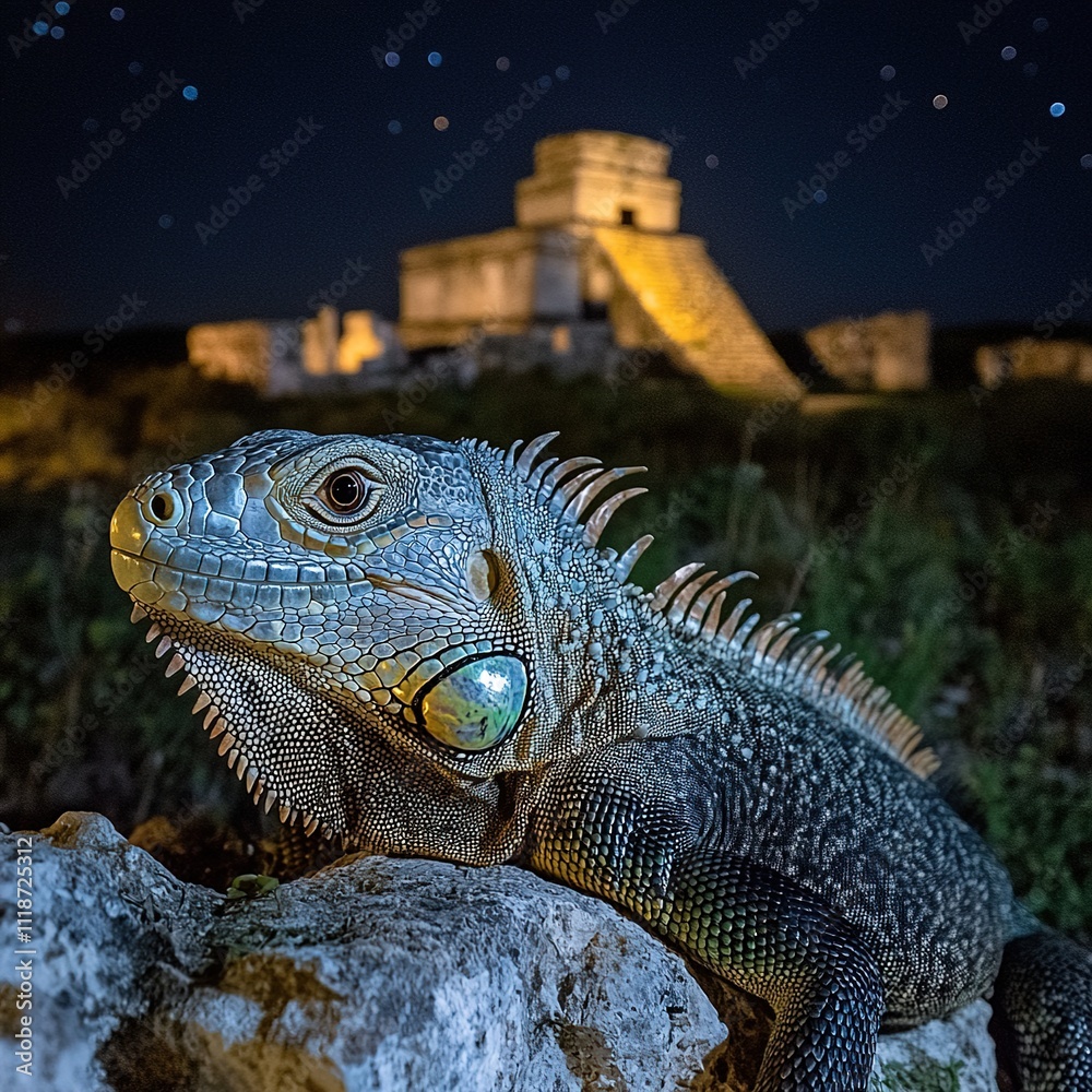 Iguana observing ancient mayan ruins at tulum mexico night scene nature ...