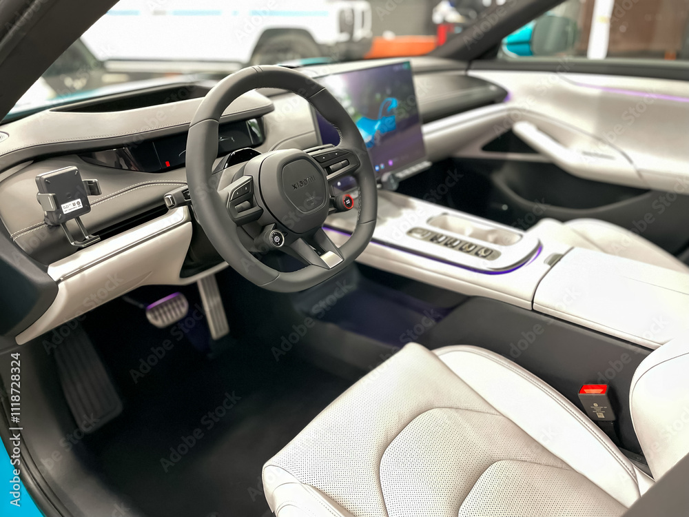 Xiaomi SU7 car from the China brand. luxury car interior, steering ...