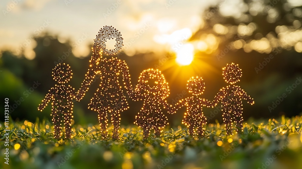 Dotted line art outlining family various poses using spaced dots to ...