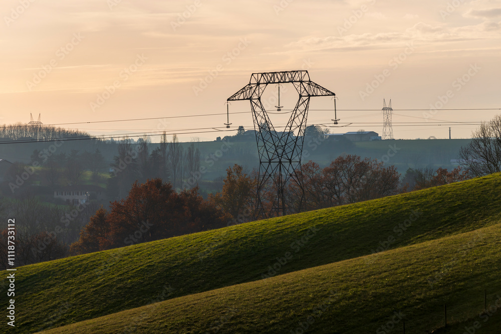 High voltage pylon in the French countryside. 225 kV High voltage ...