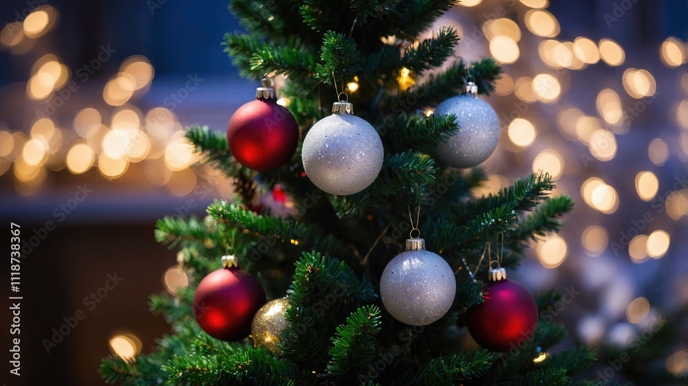 Foto de Stock Árbol de Navidad adornado con esferas rojas y blancas ...