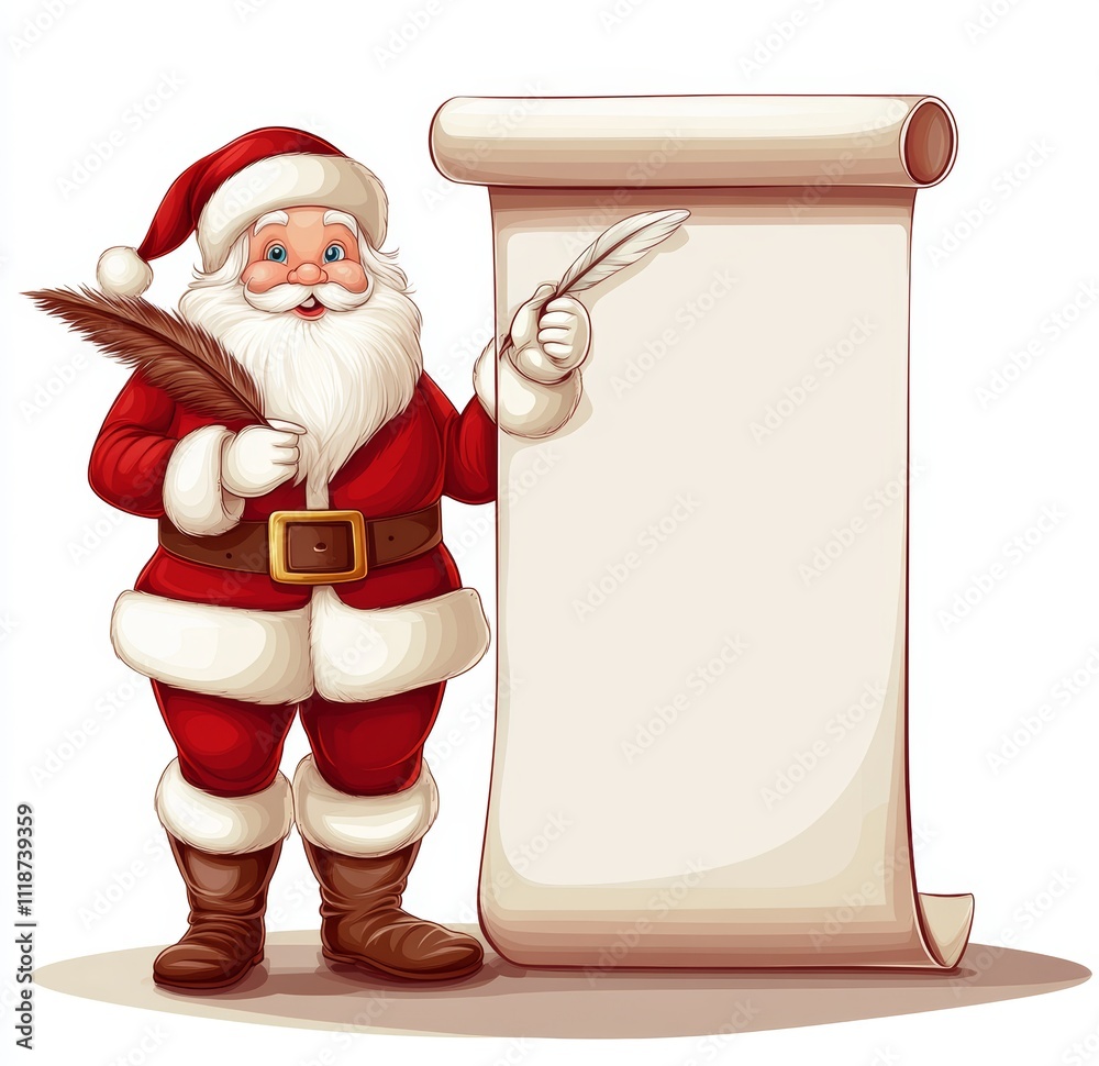 Cartoon Santa Claus, peeking around a scroll sign and gripping a quill ...