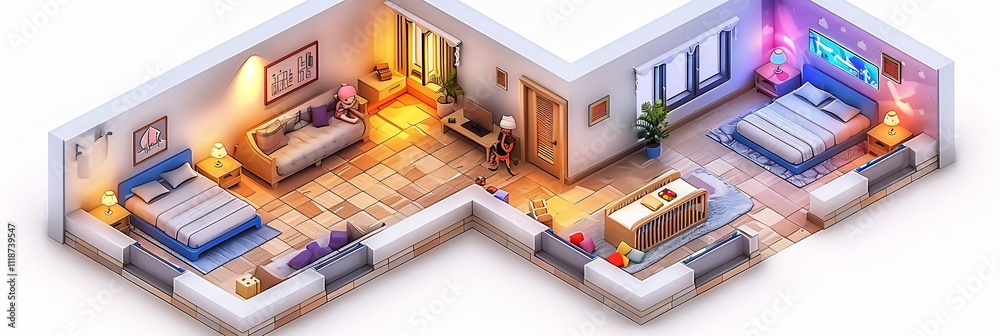 Isometric view of nursery showing family spending tender moments with ...