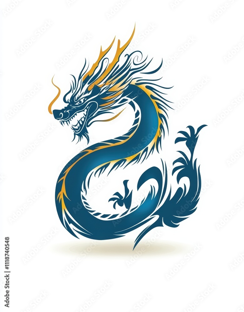 Blue and Gold Chinese Dragon Illustration Mythical Creature Asian ...