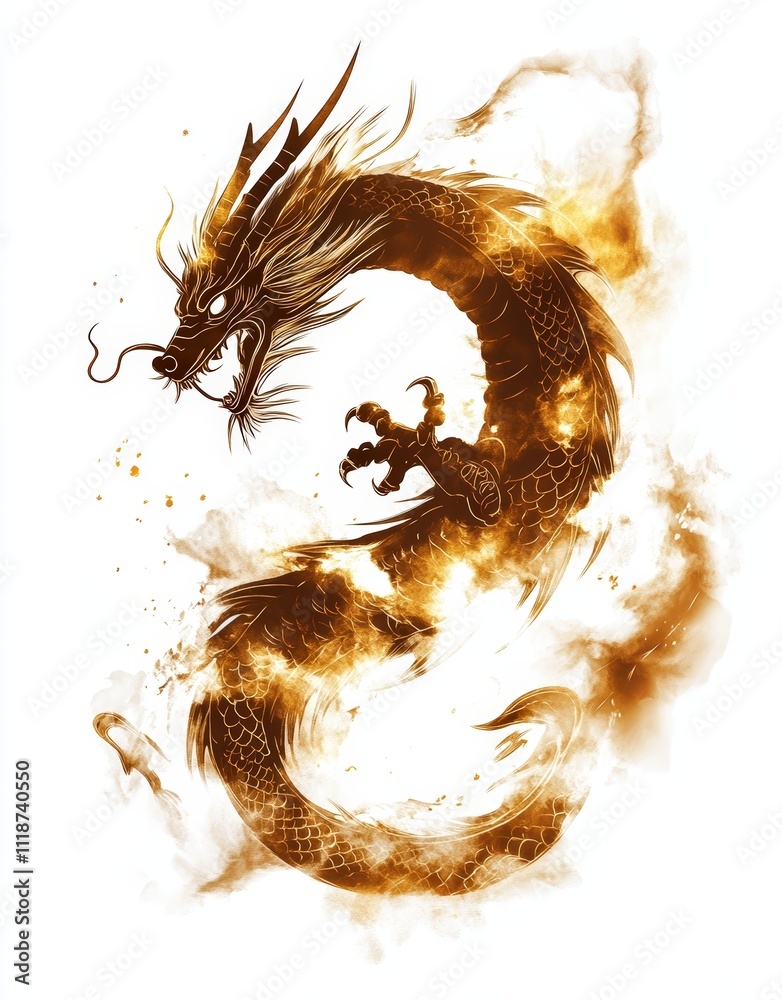 Golden Chinese Dragon Illustration Mythical Creature Fantasy Art Symbol ...