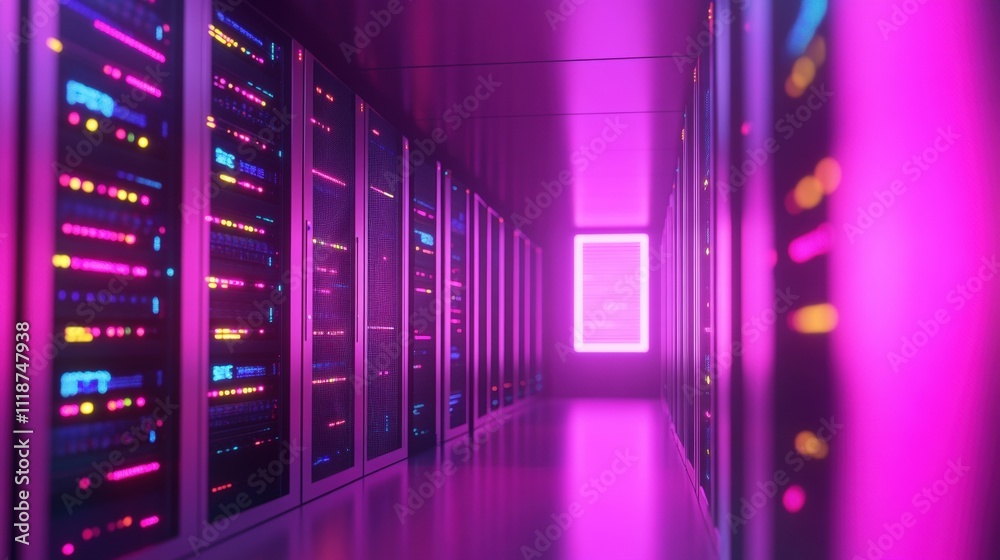 Modern Data Center Server Room with Neon Lights Technology Big Data ...