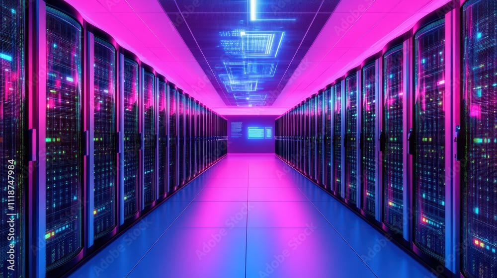 Modern Data Center Server Room Corridor Futuristic Technology Big Data Cloud Computing