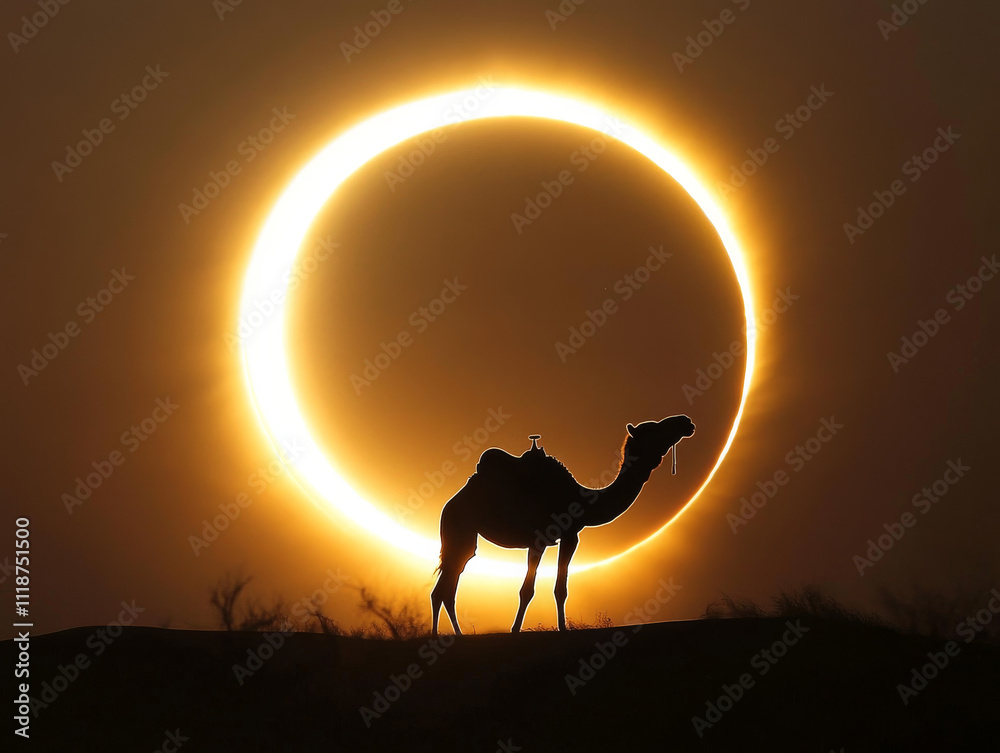 Annular solar eclipse in desert with a silhouette of a dromedary camel ...