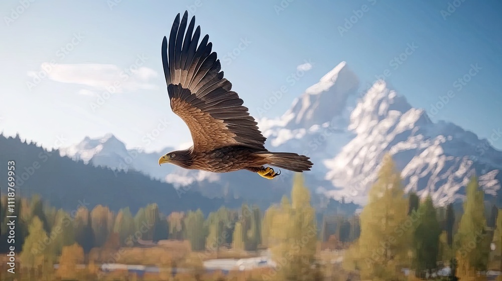 An eagle spreads its wings wide while flying high above majestic ...