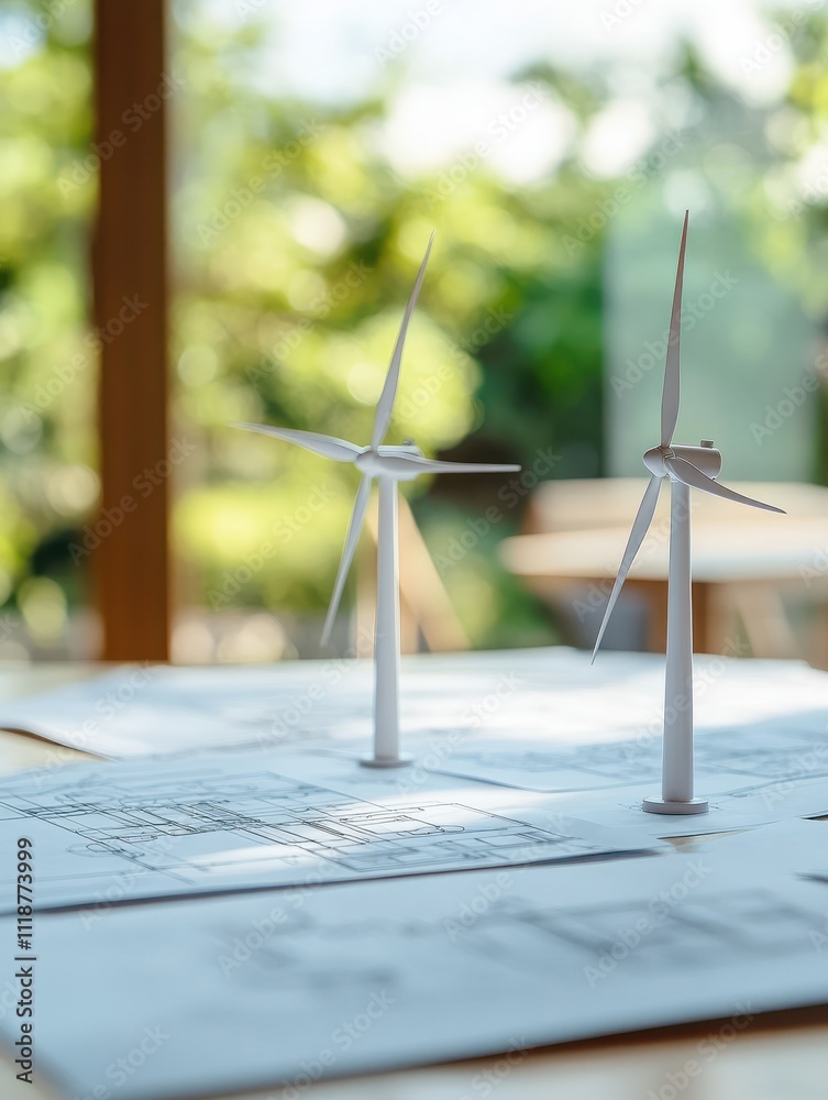 Foto de Stock Close up of wind turbines on a table with architectural ...