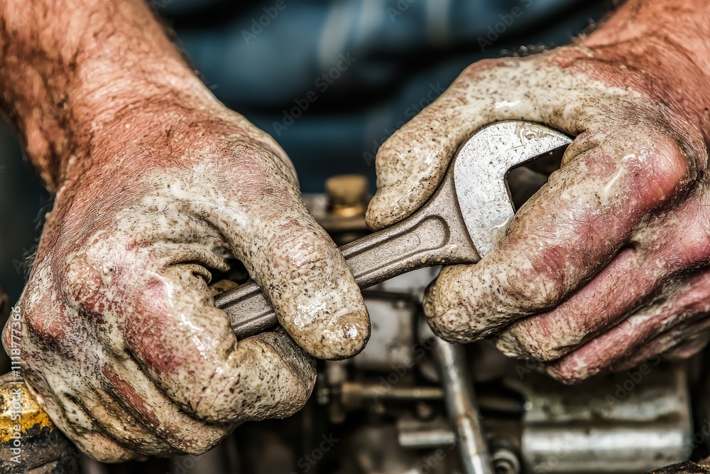 Mechanic holding a wrench with grease-covered hands working on a car ...