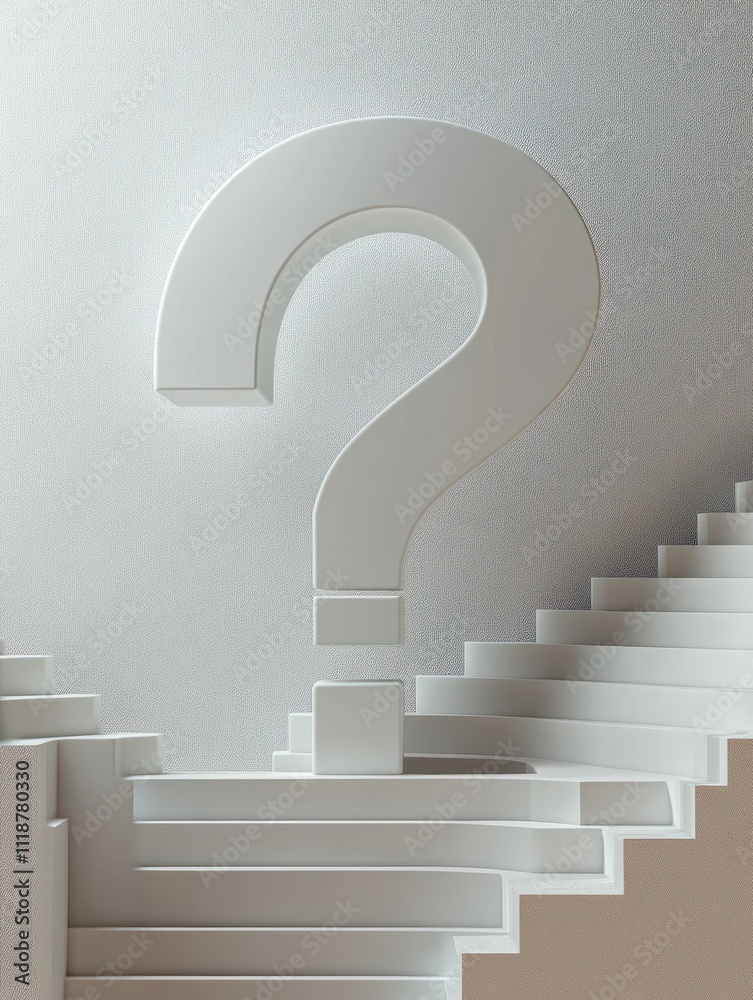 Mind maze concept with huge question mark with lots of white stairs ...