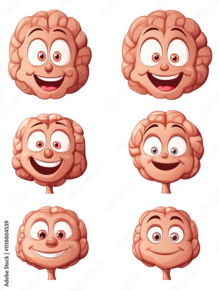 Brain cartoon character set with happy face smile. Cute hero brain ...