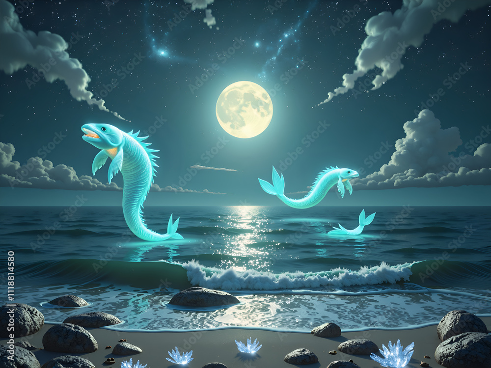 Mythical fish dancing under the moonlit sky over a serene ocean ...