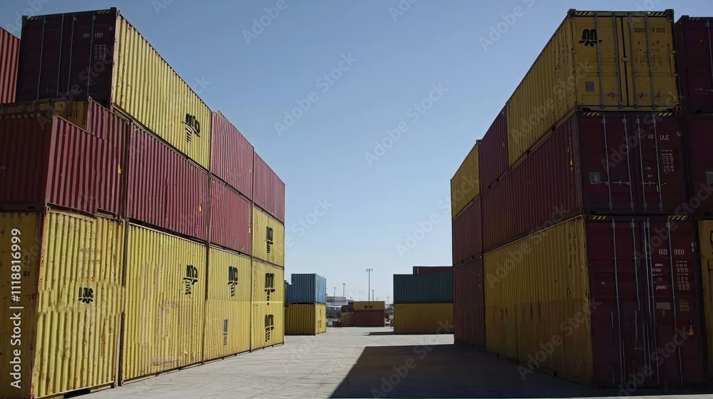 Industrial scene of stacked shipping containers under clear sky ...