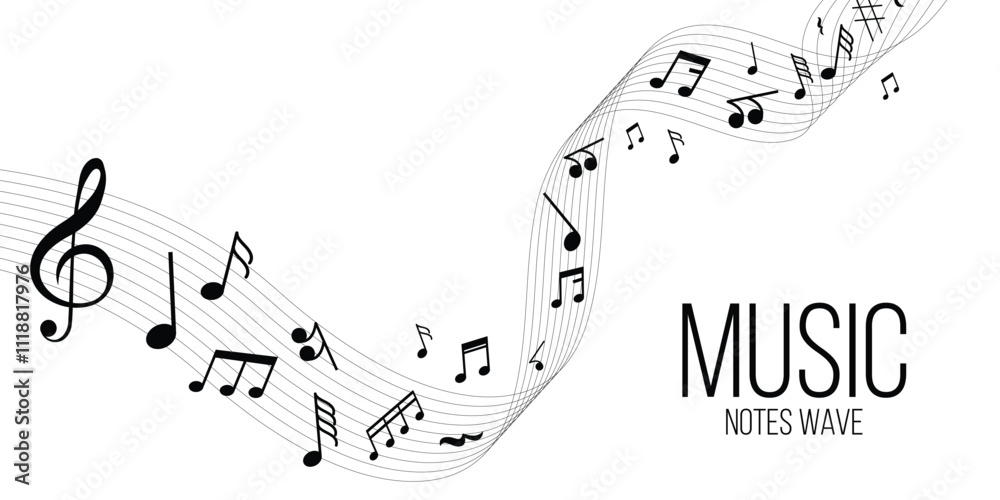 Dynamic wave of musical notes and treble clef creating rhythmic flow. A ...