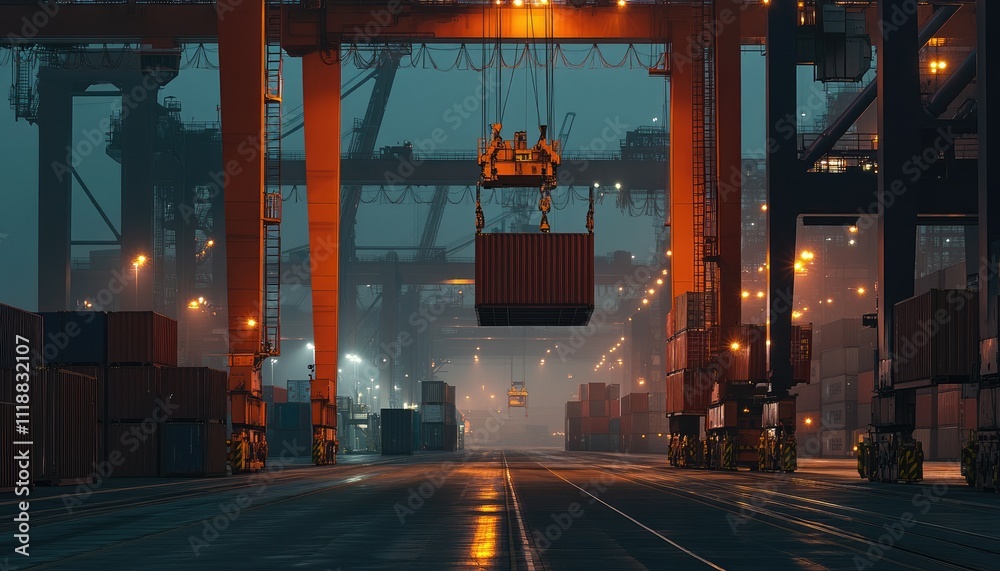 Container being lifted at shipping port front view Cargo handling ...