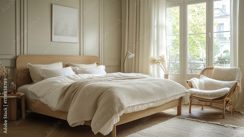 Scandinavian Style Bedroom With Light Wood Bed Frame Soft Woolen