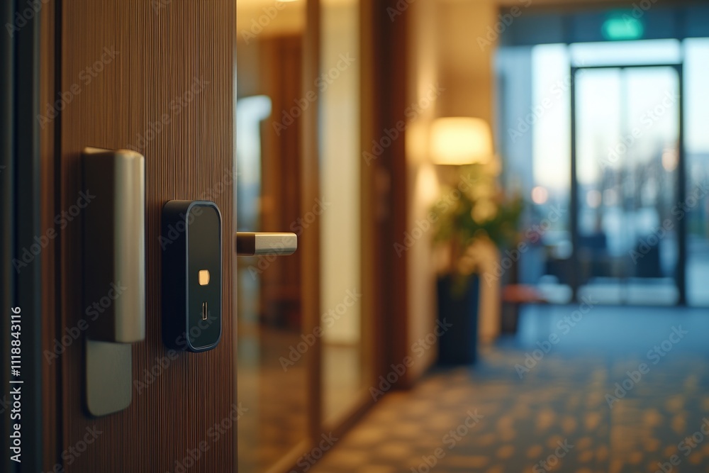 Elegant hotel room with modern keycard reader, contemporary design, and ...