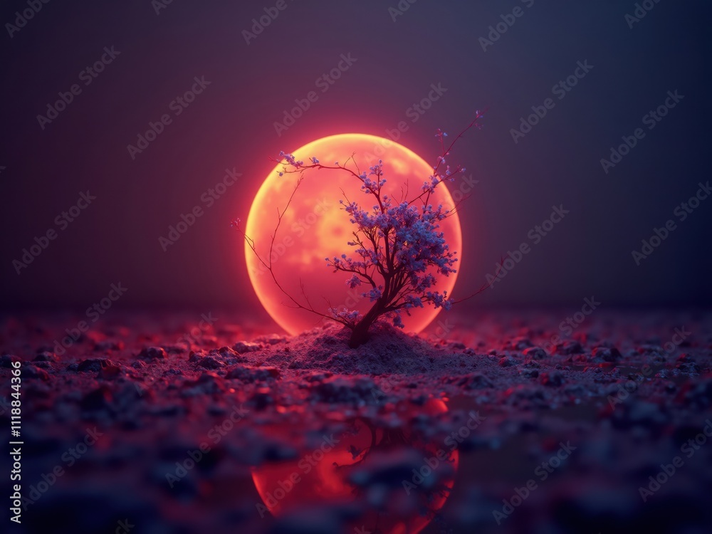 Blooming tree growing under big red moon in surreal landscape Stock ...