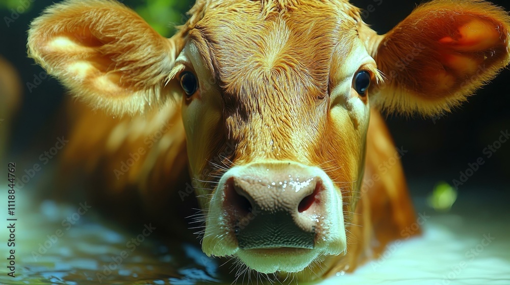 Close-up of brown cow face drinking water in natural rural farm ...