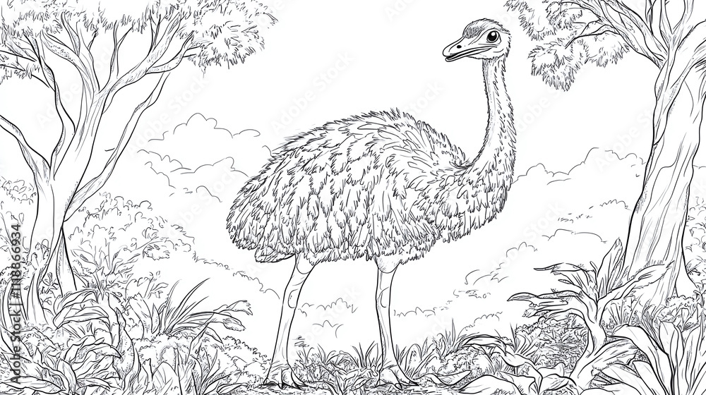 Playful ostrich animal bird, engaging coloring page book drawing ...