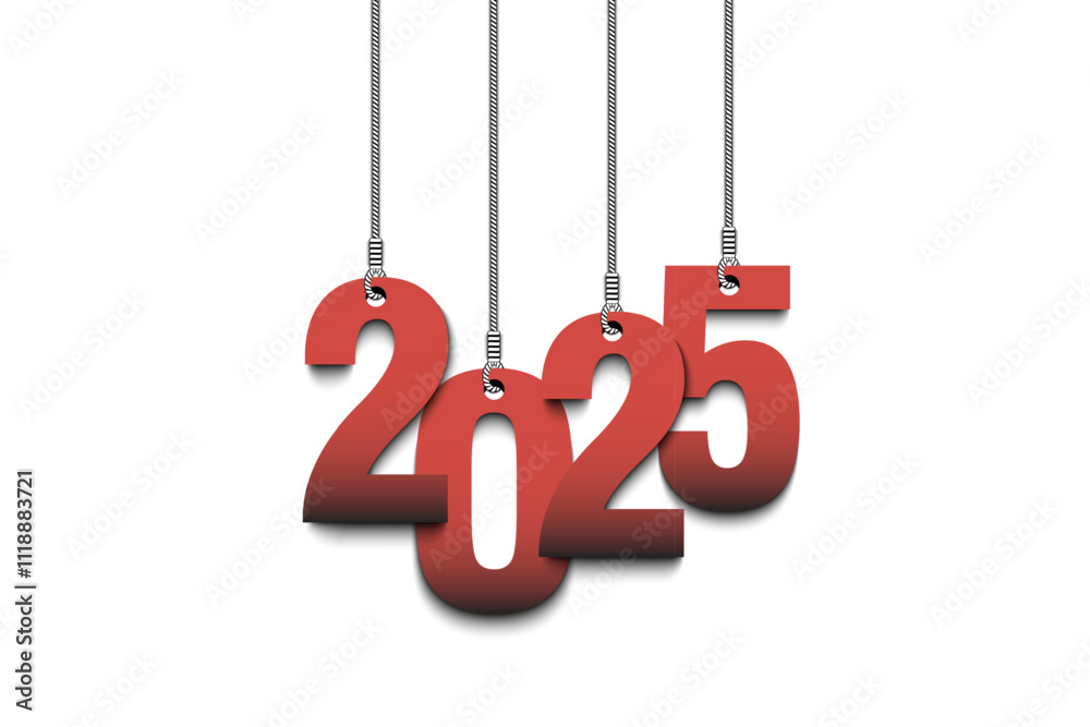 New Year number 2025 as a Christmas decorations hanging on strings ...