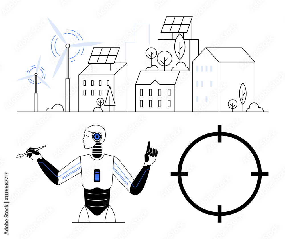 Wind turbines and solar panel buildings represent renewable energy ...
