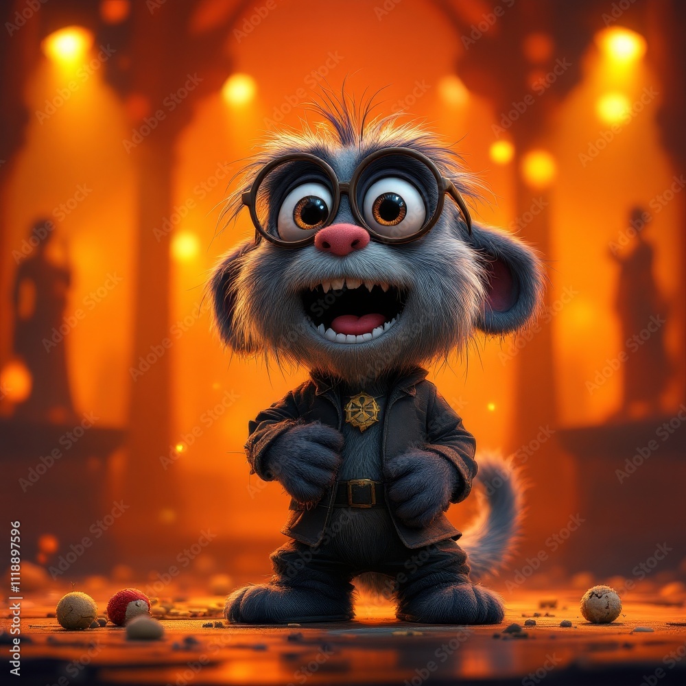 Adorable furry monster mascot wearing round glasses and dark uniform ...