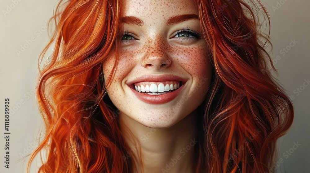 FrÃ¶hliche junge Frau mit rotem Haar und Sommersprossen, Happy young woman with red hair and ...