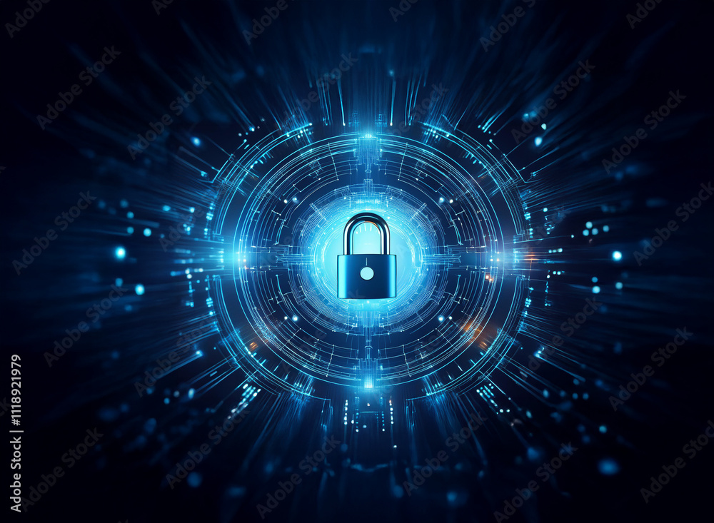A glowing blue padlock sits at the center of a circular digital ...