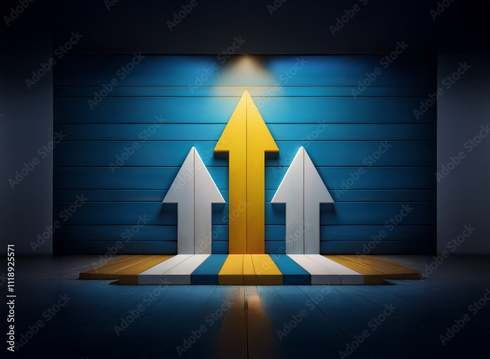 Three arrows, one gold, two white, point upward against a dark blue ...