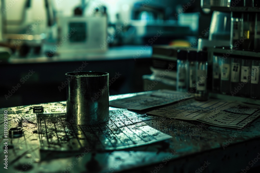 Palladium metal sheets in labeled inert container on lab bench Stock ...