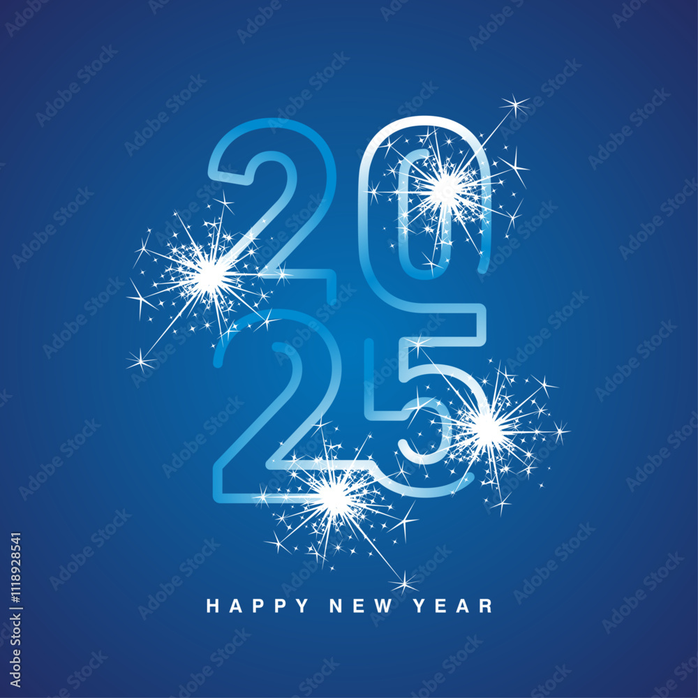 Happy New Year 2025 neon led light blue continuous line art design ...