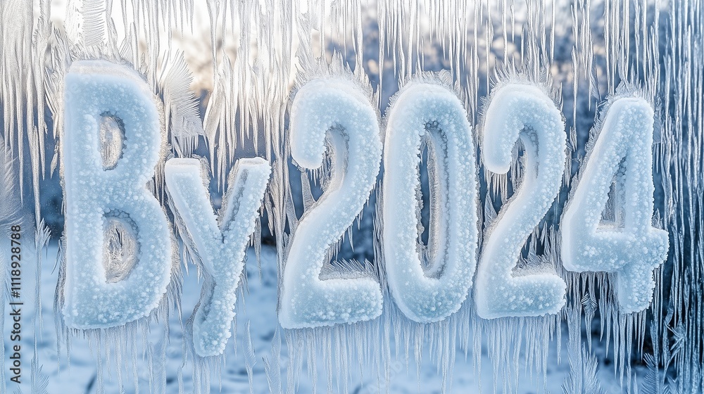 Bye Bye 2024 Realistic icy 2024 text formed on a frosted window, with ...