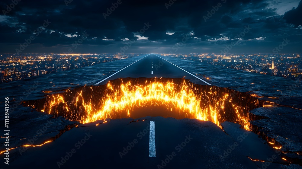 Dangerous road with deep fissures and cliffs, glowing city in distance ...