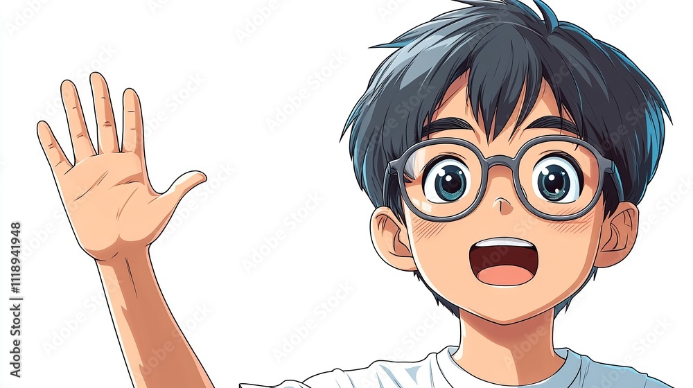 Enthusiastic anime boy raising hand, large expressive eyes, glasses ...