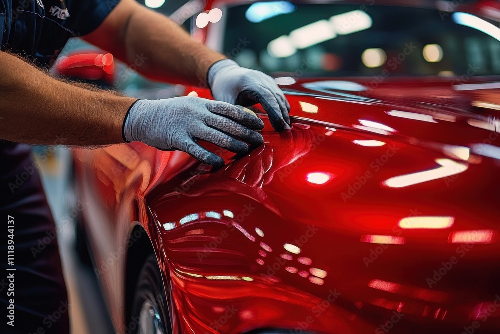 Mechanic Working on Red Sports Car in Garage with Livery Vinyl Wrap ...