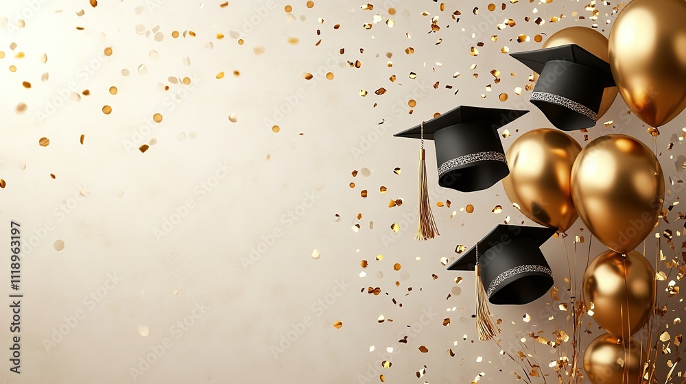Black and white graduation caps and golden balloons fly on the right ...