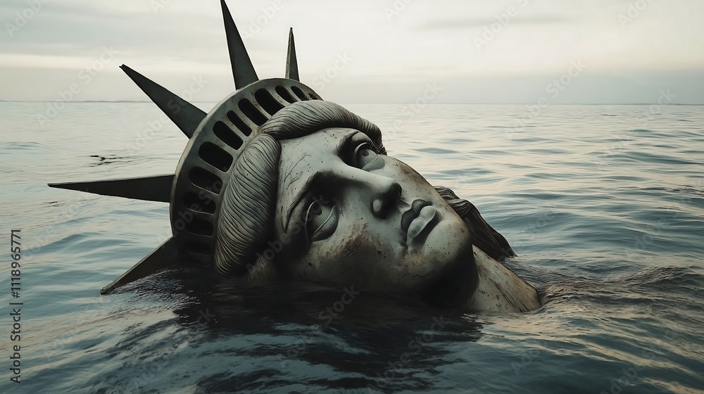 Stock-Foto „Decaying Statue of Liberty partially submerged in the ocean ...