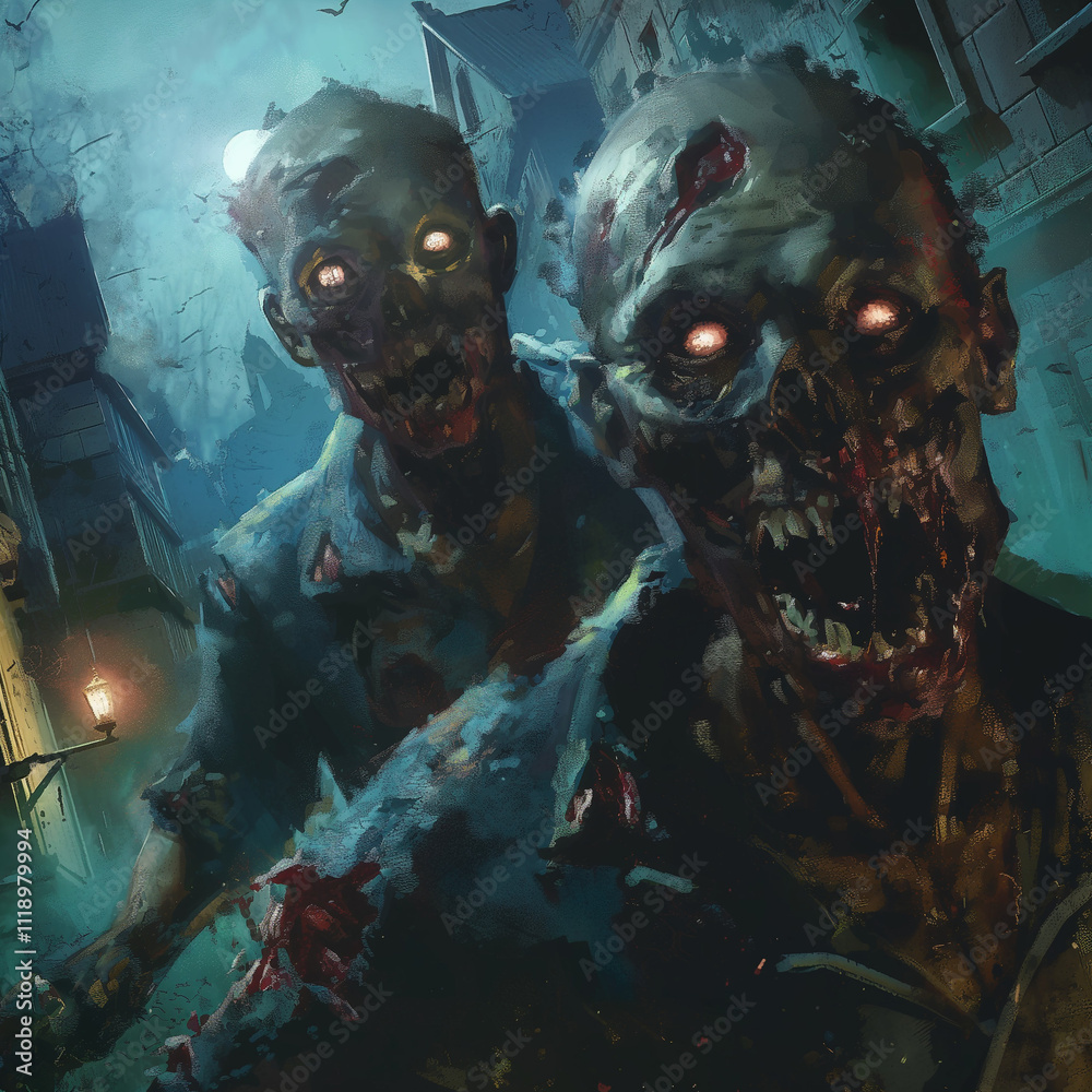 Terrifying zombies with glowing eyes emerge from darkness, a horrifying ...
