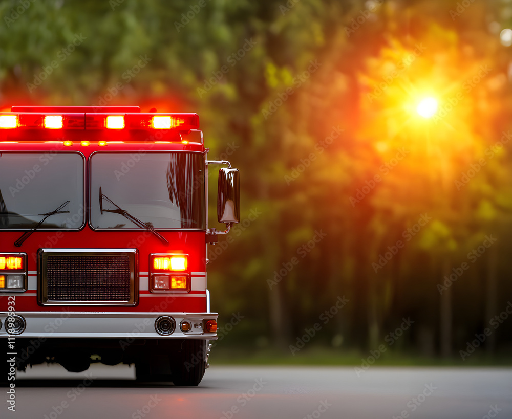 Fire alarm safety response concept. Emergency fire truck responding ...